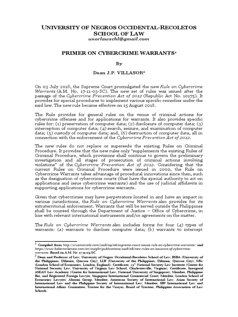 Primer On Cybercrime Warrants | PDF | Search Warrant | Cybercrime