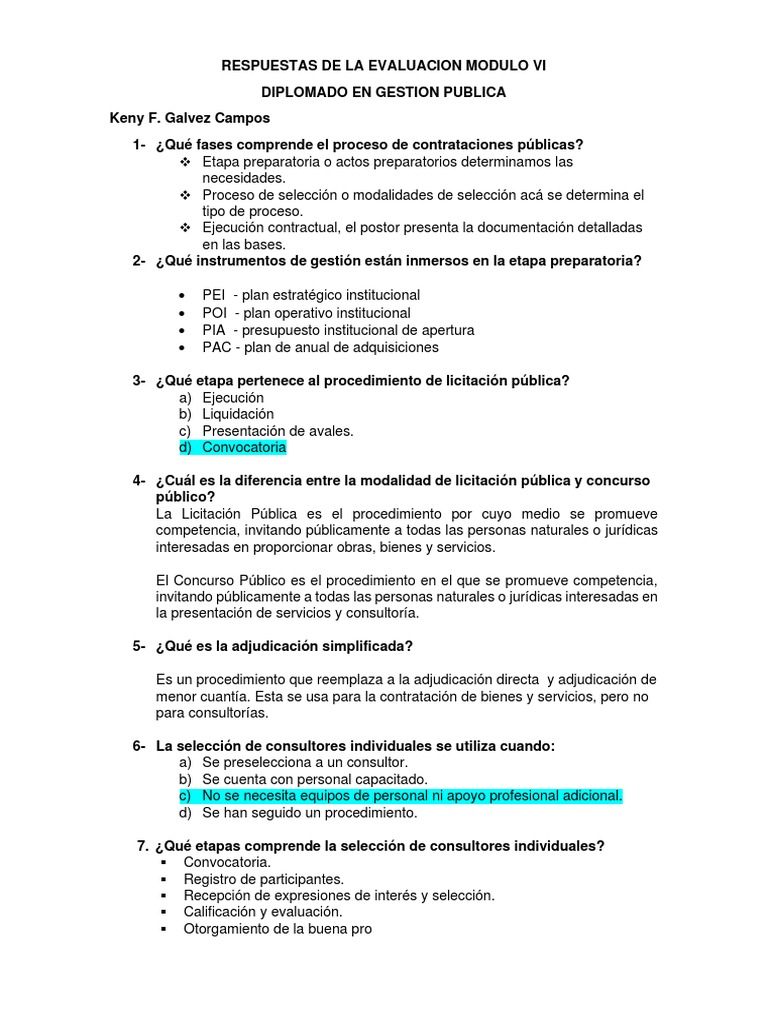 Resumen de las respuestas a una evaluación sobre el módulo VI de gestión pública | PDF | Business