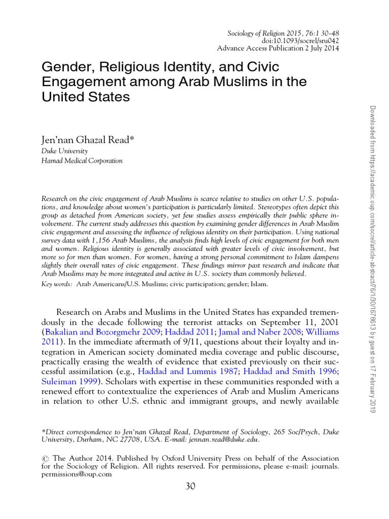Gender, Religious Identity, and Civic Engagement Among Arab Muslims in ...