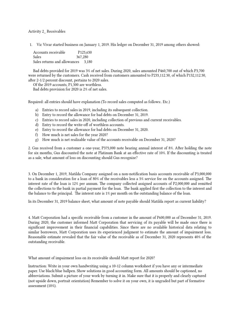 Activity 2 - Receivable | PDF | Bad Debt | Banking