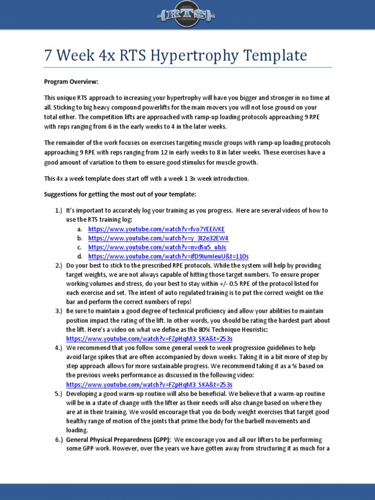 7 Week 4x RTS Hypertophy Template PDF | PDF | Physical Fitness | Weight ...