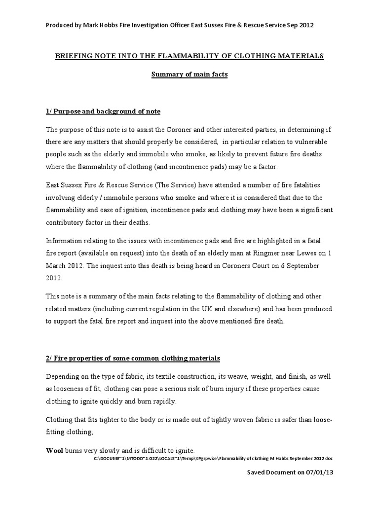 Briefing Note Into The Flammability of Clothing Materials Summary of ...