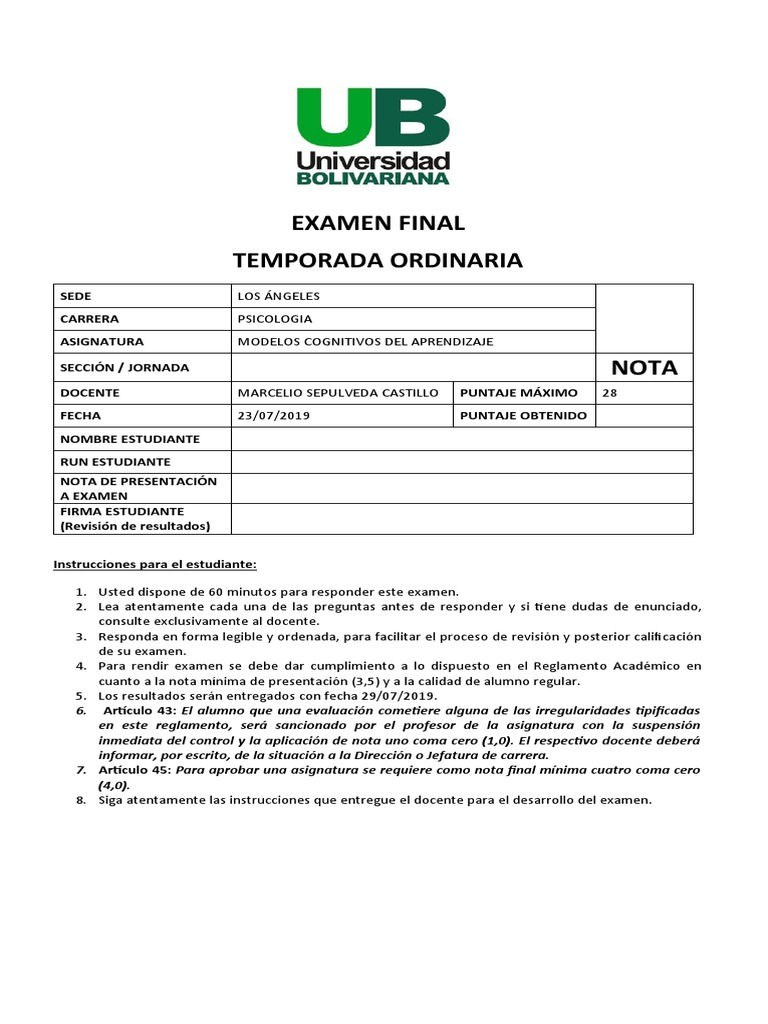 Formato Portada Examen Final - Ordinario | PDF
