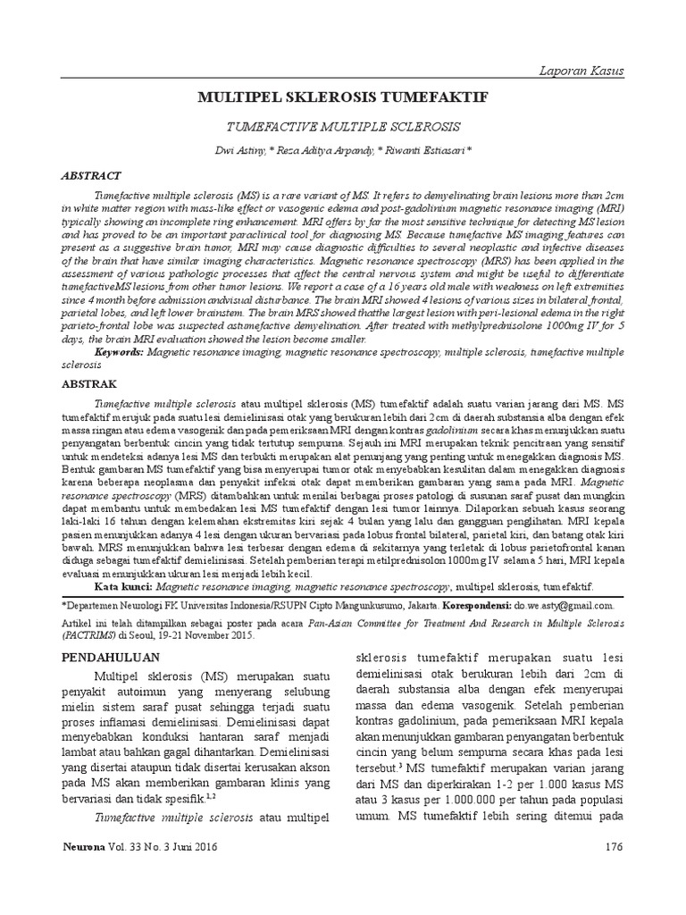 Multipel Sklerosis Tumefaktif: Laporan Kasus | PDF | Magnetic Resonance Imaging | Multiple Sclerosis