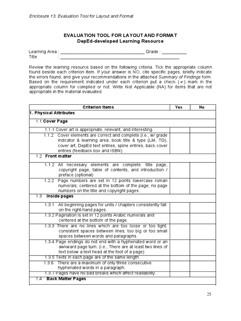 Evaluation Tool For Layout and Format Deped-Developed Learning Resource ...