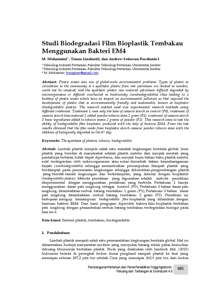 Studi Biodegradasi Film Bioplastik Tembakau Menggunakan Bakteri EM4 ...