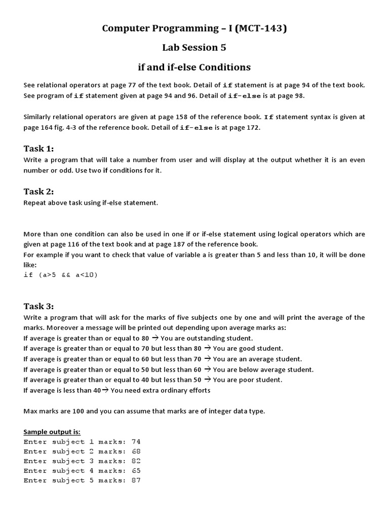 Computer Programming - I (MCT-143) Lab Session 5 If and If-Else Conditions | PDF | Computer ...