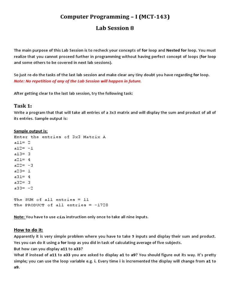 Computer Programming - I (MCT-143) Lab Session 8: Task 1 | PDF ...