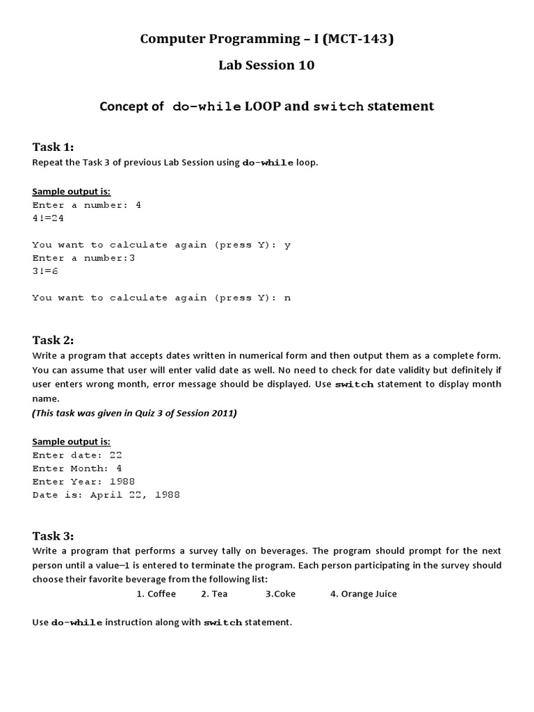 Computer Programming - I (MCT-143) Lab Session 10: Task 1 | PDF | Drink ...