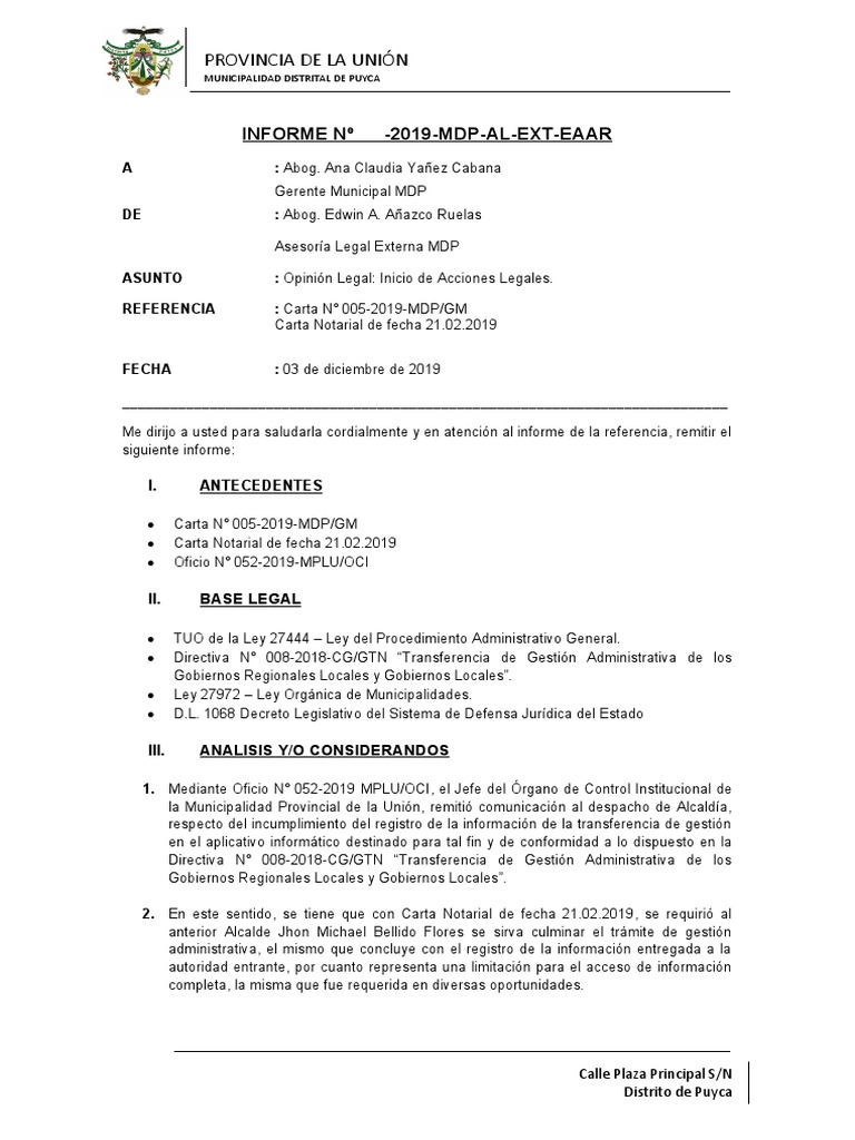 INFORME Legal - Carta Notarial Exalcalde Transferencia | PDF | Gobierno ...