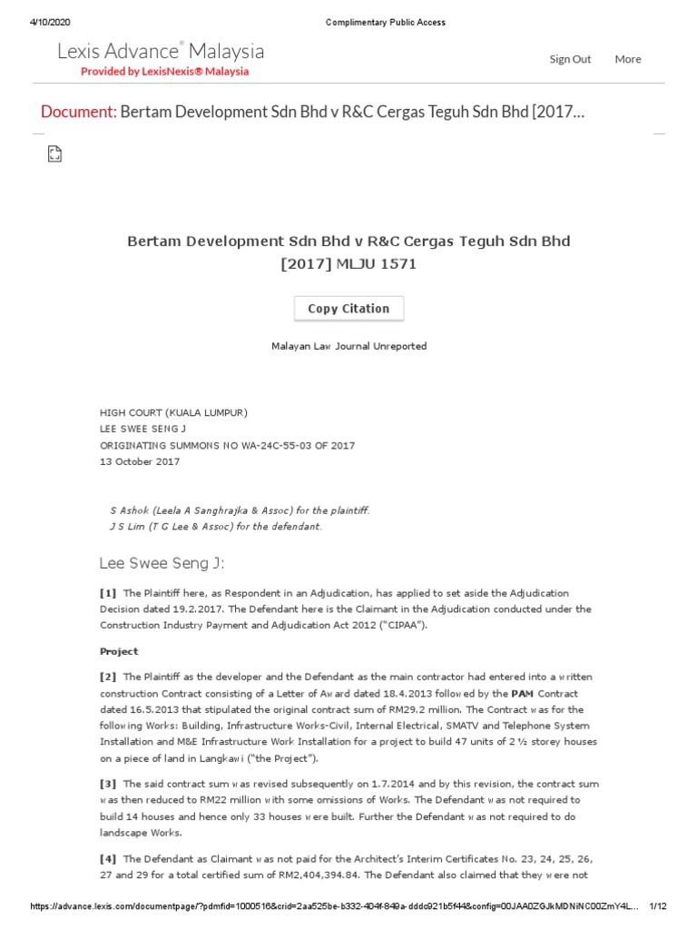 Bertam Development SDN BHD V R&C Cergas Teguh SDN BHD (2017) MLJU 1571 ...