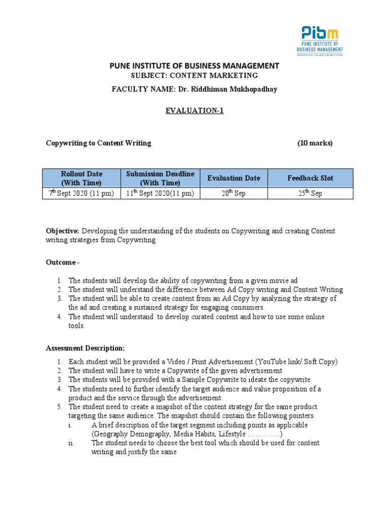 EVALUATION 1 Copywriting To Content Writing | PDF | Reading ...