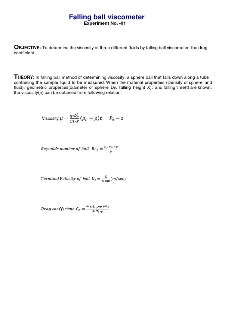 Falling Ball Viscometer: Experiment No. - 01 | PDF | Viscosity | Fluid ...