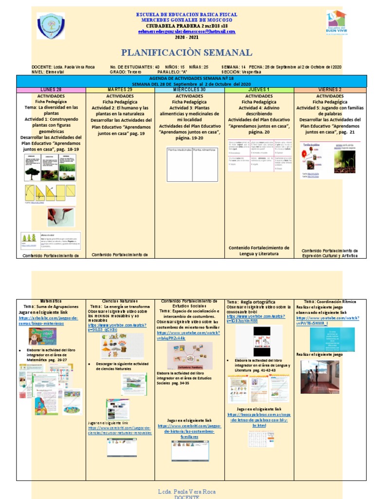 Planificación semanal de actividades para el tercer grado de la Escuela ...