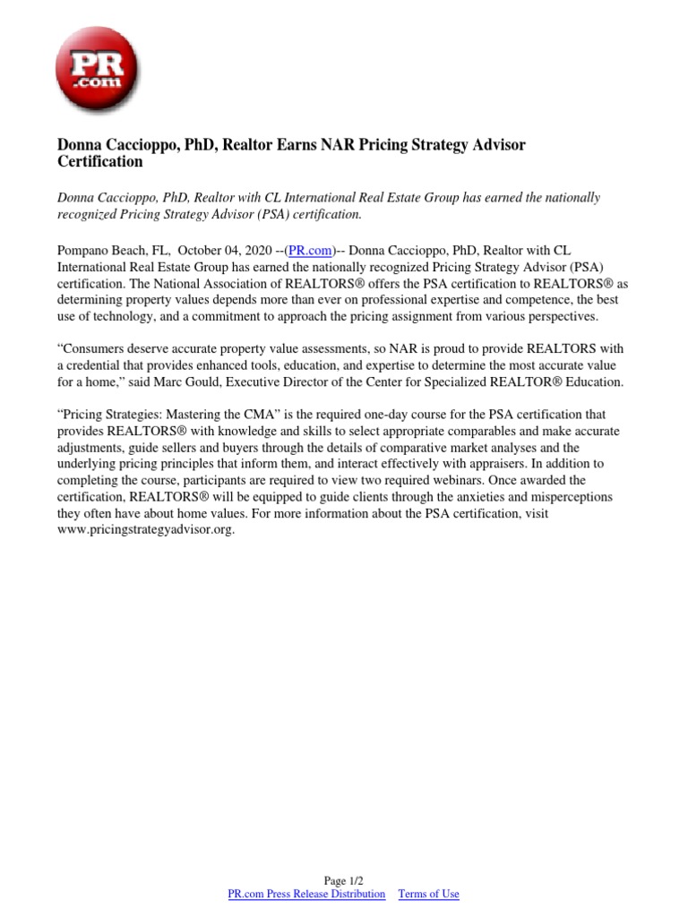 Donna Caccioppo, PHD, Realtor Earns NAR Pricing Strategy Advisor Certification | PDF | National ...