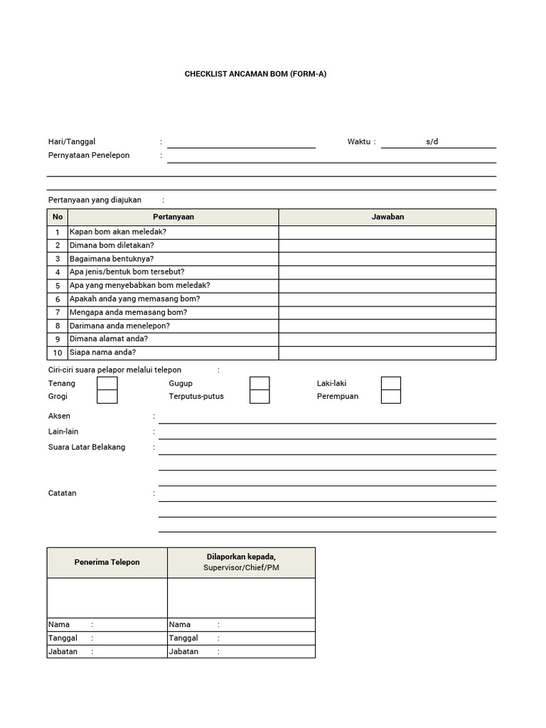Checklist Ancaman Bom (Form-A) | PDF