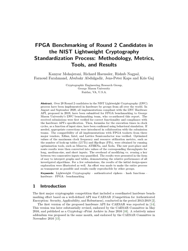 Lwc Benchmarking 2020 Phase 1 Pdf Field Programmable Gate Array Cryptography 