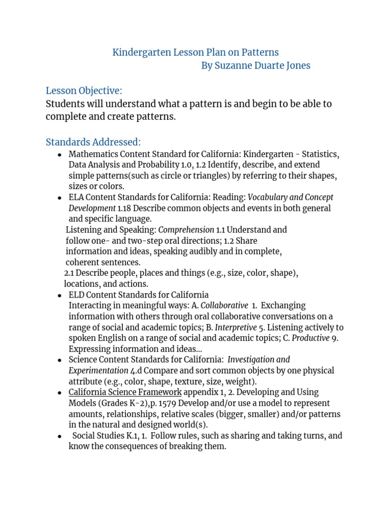 Kindergarten Patterns Lesson Plan | PDF | Shape | Information