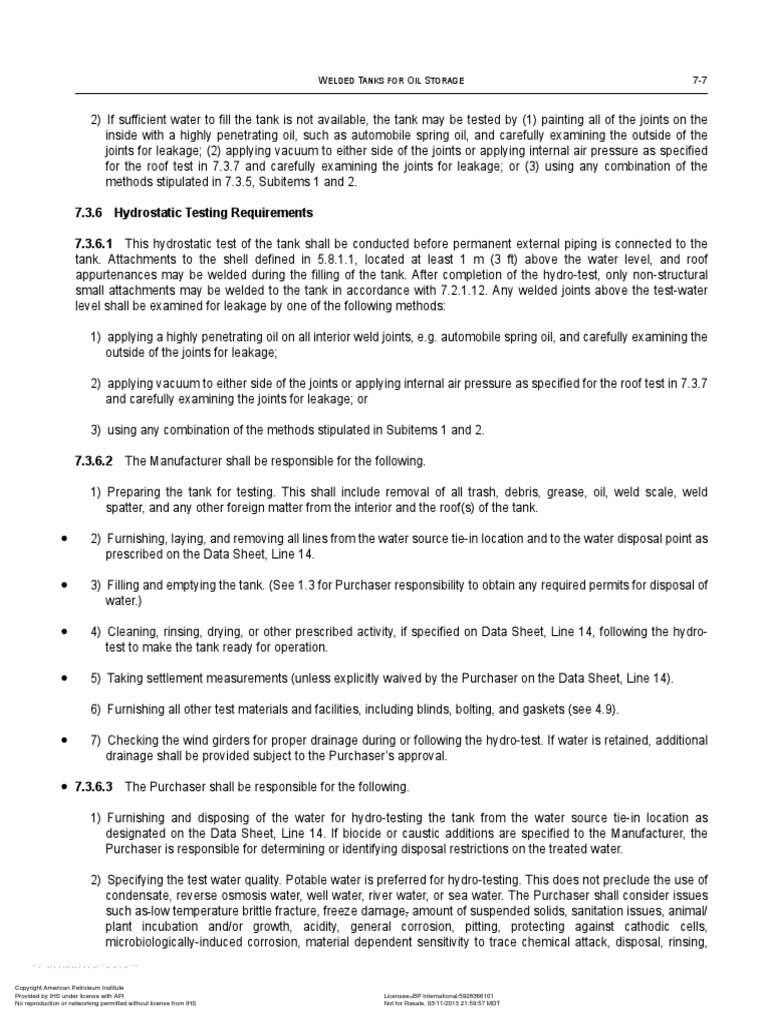 Hydrostatic Testing Requirements in API 650 | PDF | Corrosion | Water