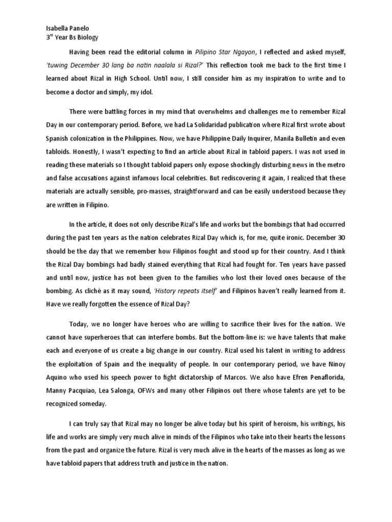 Reflection Paper Rizal Day