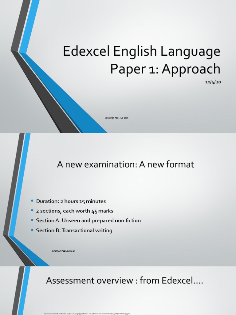 Edexcel English Language Paper 1: Approach: Jonathan Peel JLS 2017 ...