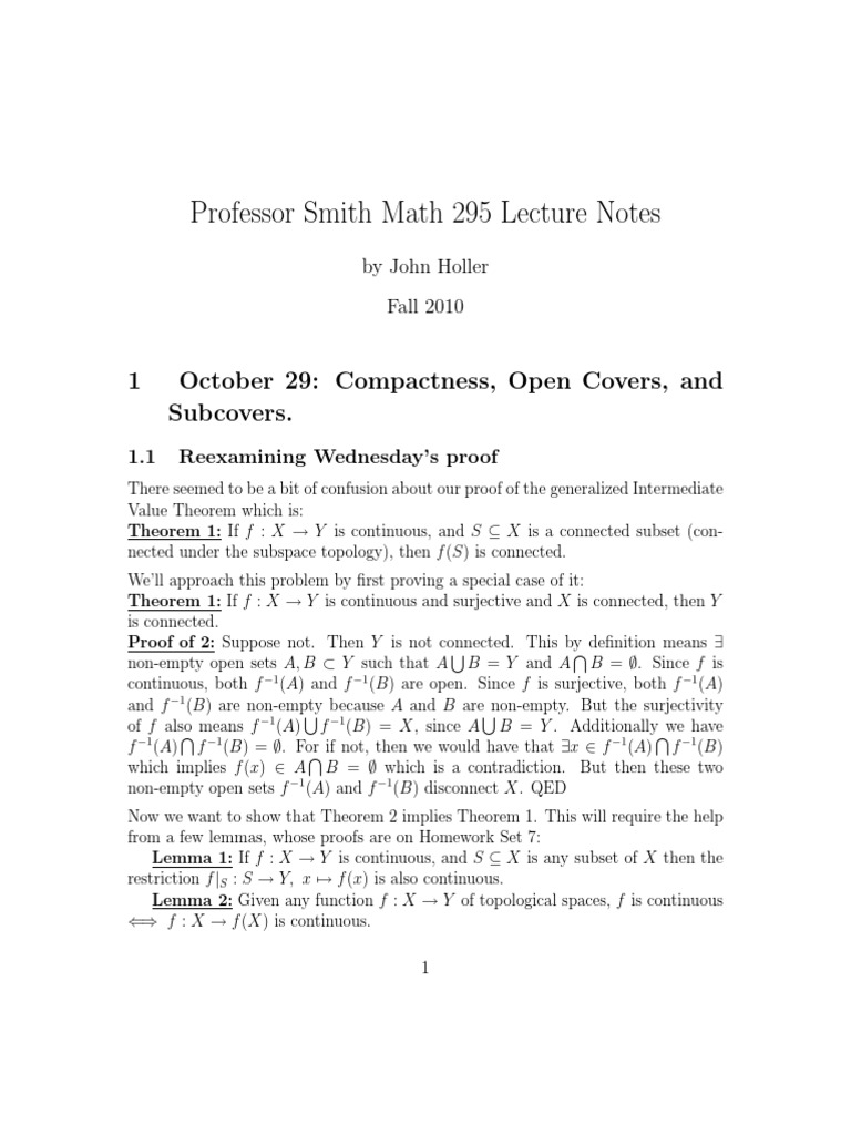 Professor Smith Math 295 Lecture Notes: 1 October 29: Compactness, Open ...