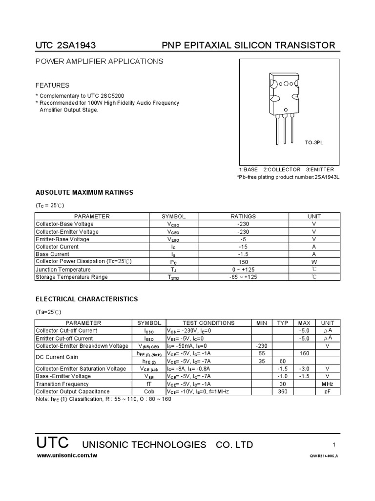 Datasheet 2sa1943 Trans PNP para Amplific | PDF | Bipolar Junction Transistor | Semiconductors