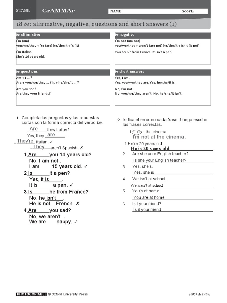 18 Be: Affirmative, Negative, Questions and Short Answers | PDF
