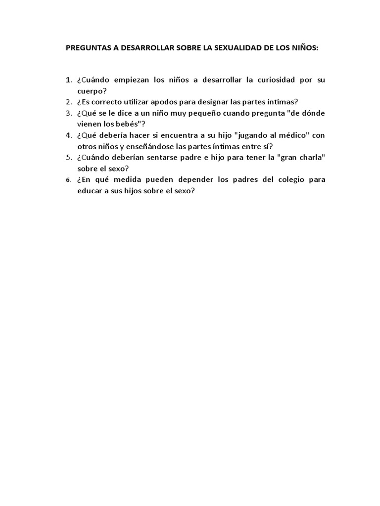 Preguntas A Desarrollar Sobre La Sexualidad de Los Niños | PDF