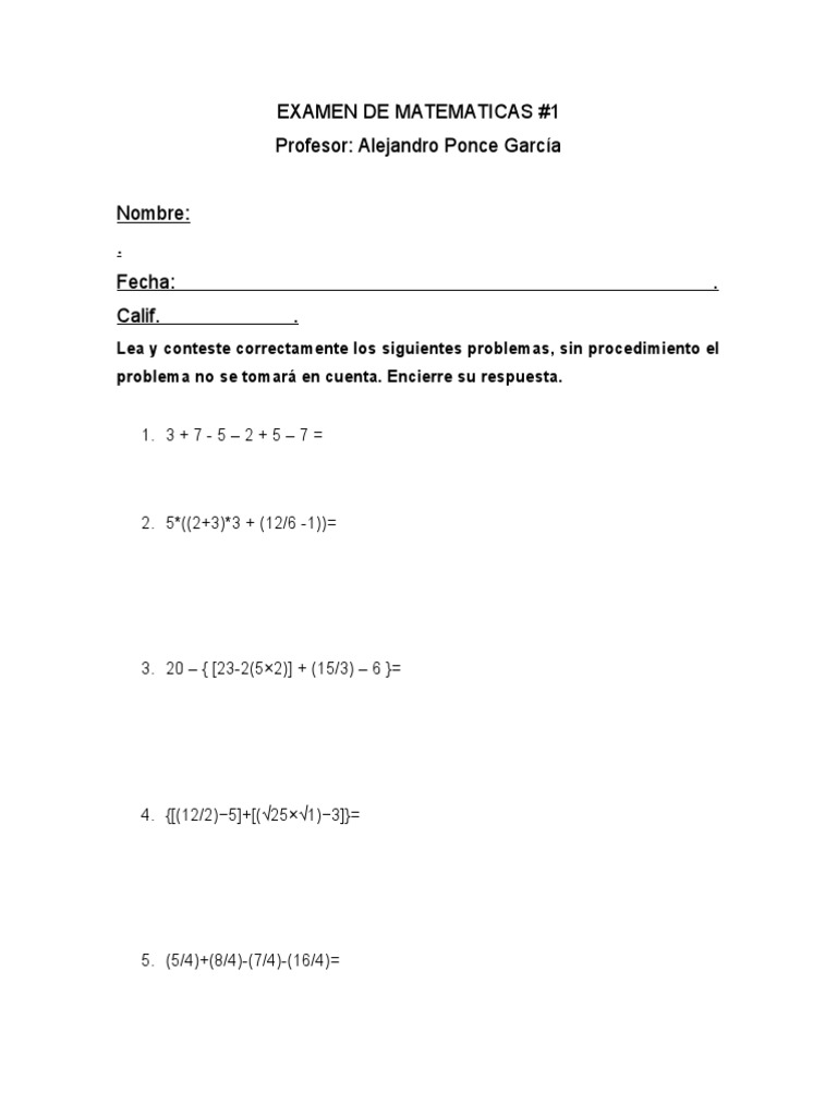 Examen de Matematicas #1 | PDF