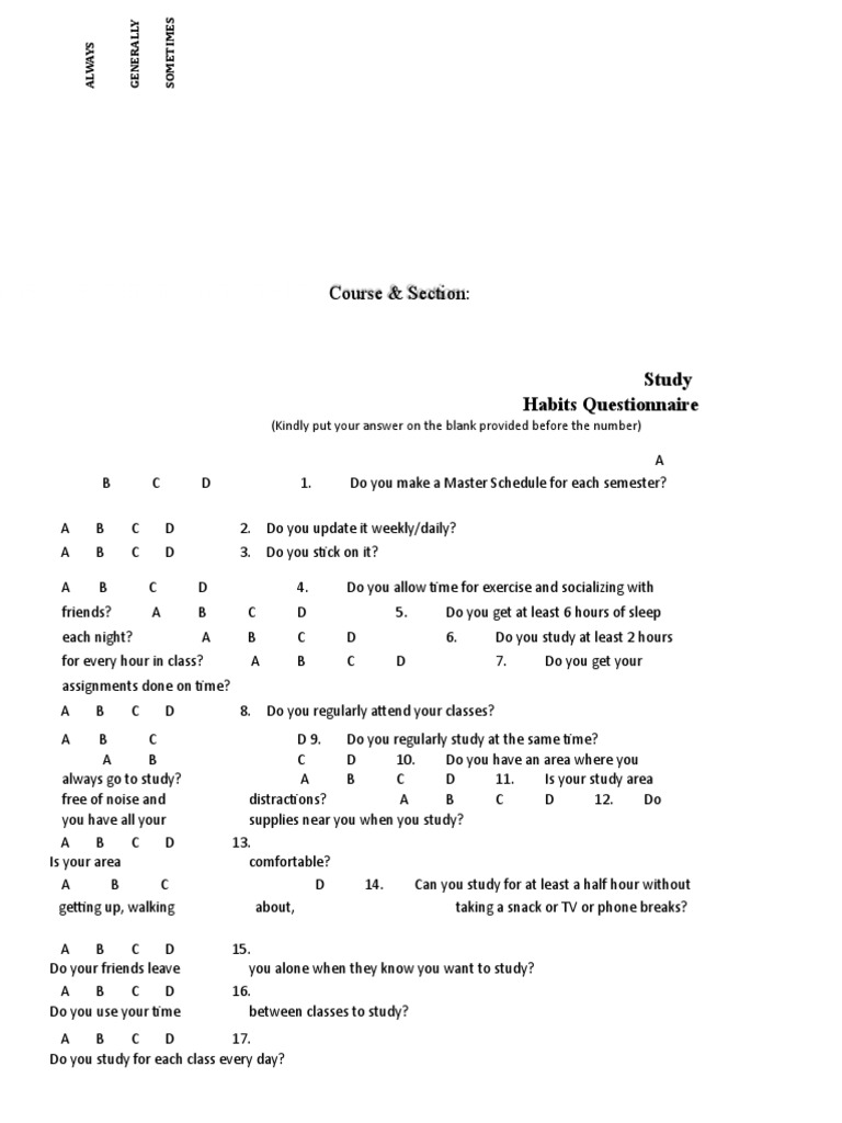 Study Habits Questionnaire: Name: Course & Section | PDF | Test ...