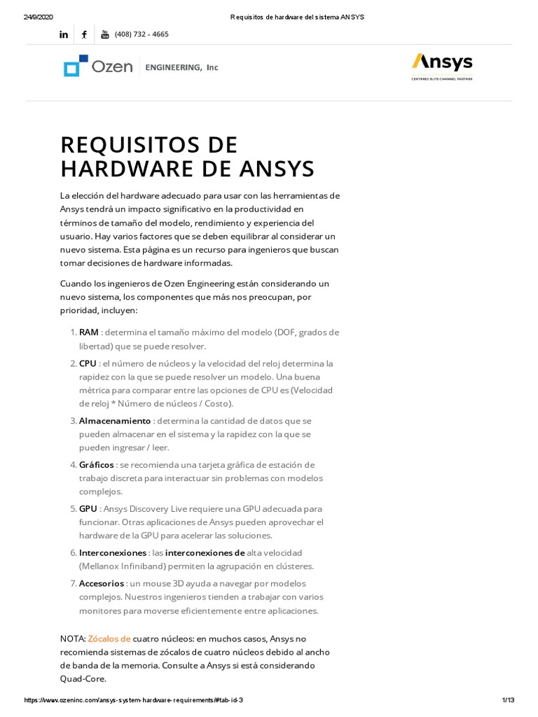 Requisitos de Hardware Del Sistema ANSYS ESPAÑOL | PDF | Puesto de ...