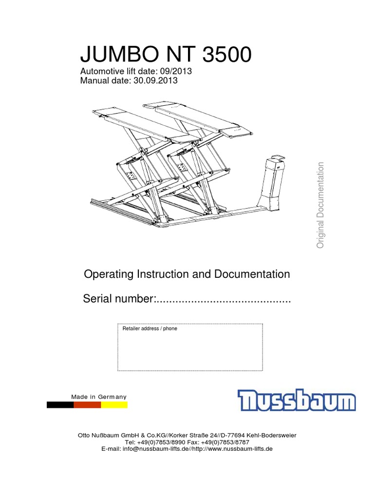 Jumbo NT 3500: Operating Instruction and Documentation Serial Number