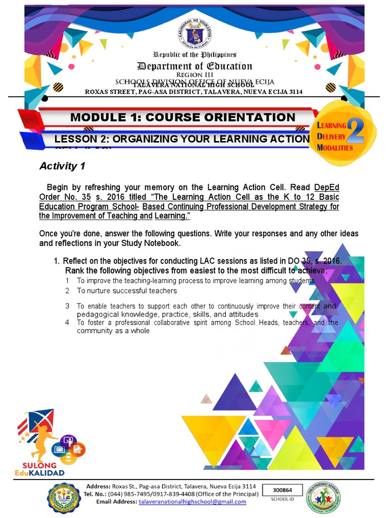 FORMAT MODULE 1 Lesson 2 ORGANIZING YOUR LEARNING ACTION CELL LAC Act.1 ...