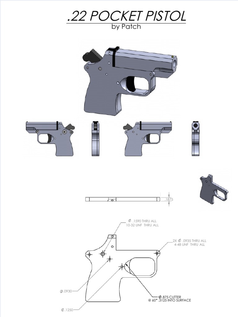 Detailed engineering drawings for a .22 caliber pocket pistol with ...