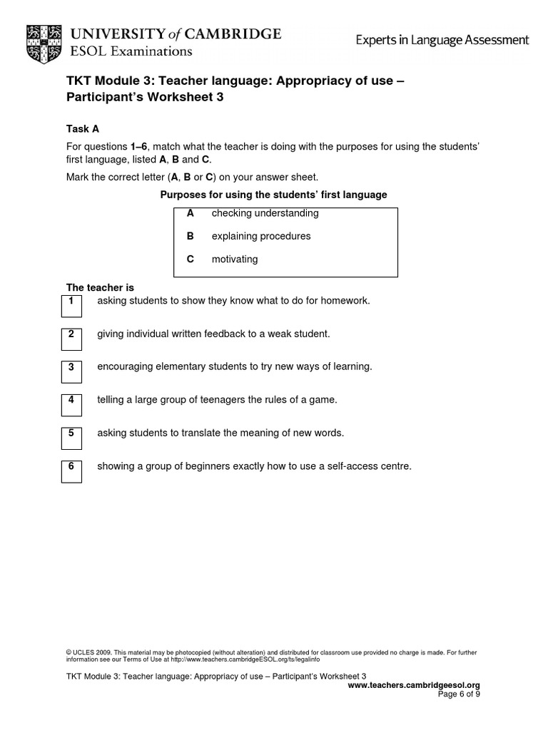 Sample tasks-TKT Module 3 | PDF | Worksheet | Teachers