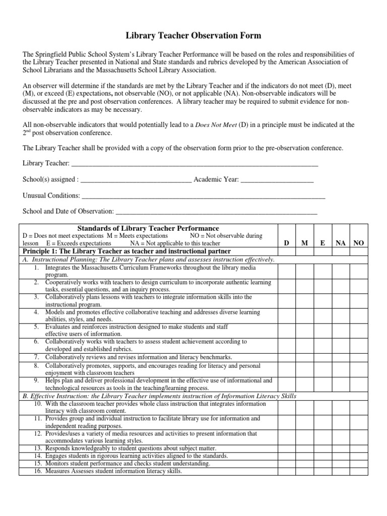Library Teacher Observation Form | PDF | Information Literacy | Teachers