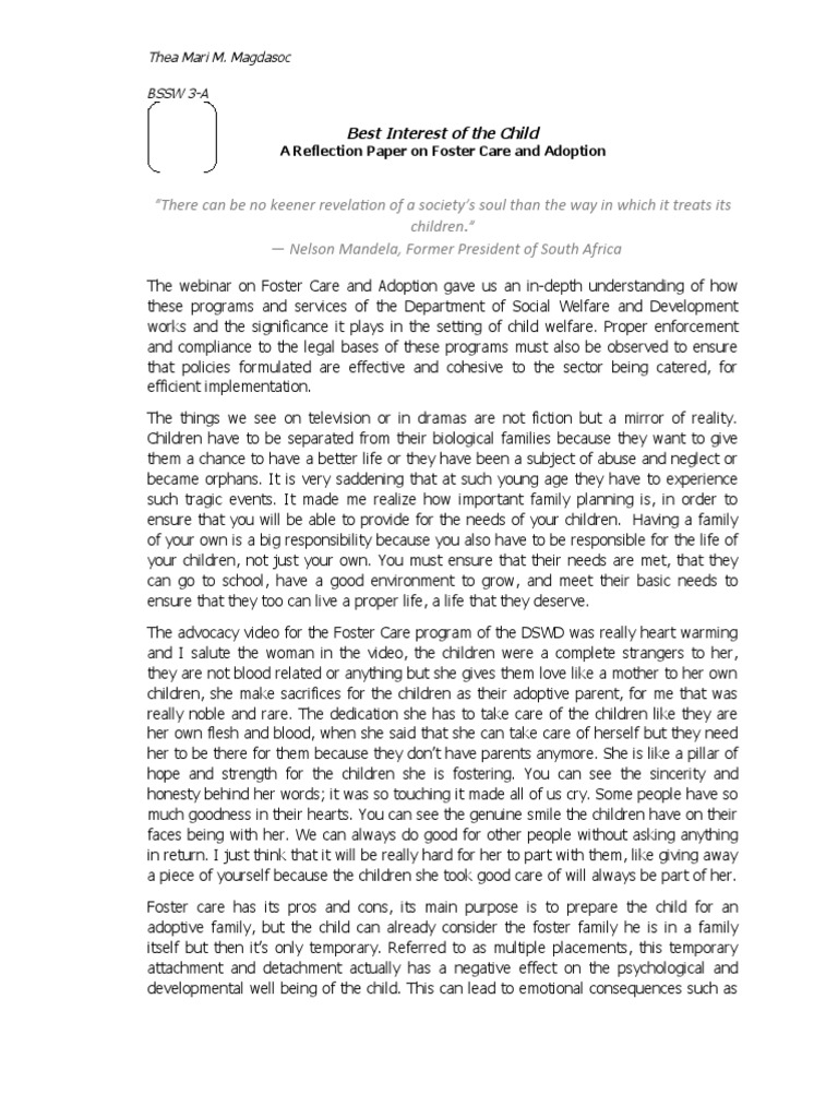 Day 1.2 Reflection Paper | PDF | Foster Care | Adoption