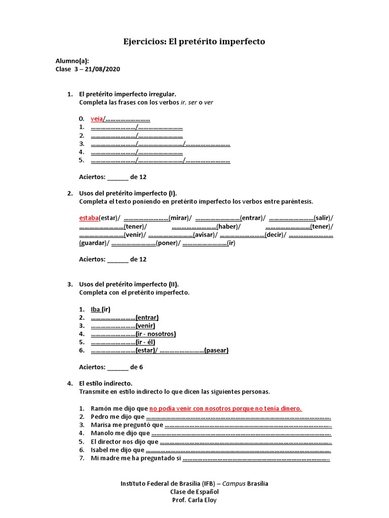 Clase 3 - Ejercicios Pretérito Imperfecto Respuestas | PDF
