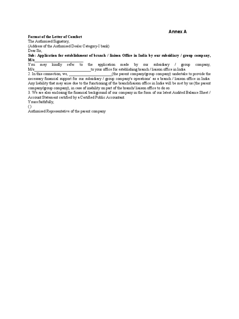 Format of The Letter of Comfort: Annex A | PDF
