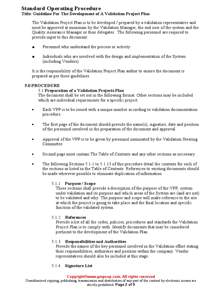 VAL 125 Guideline For The Development of A Validation Project Plan ...