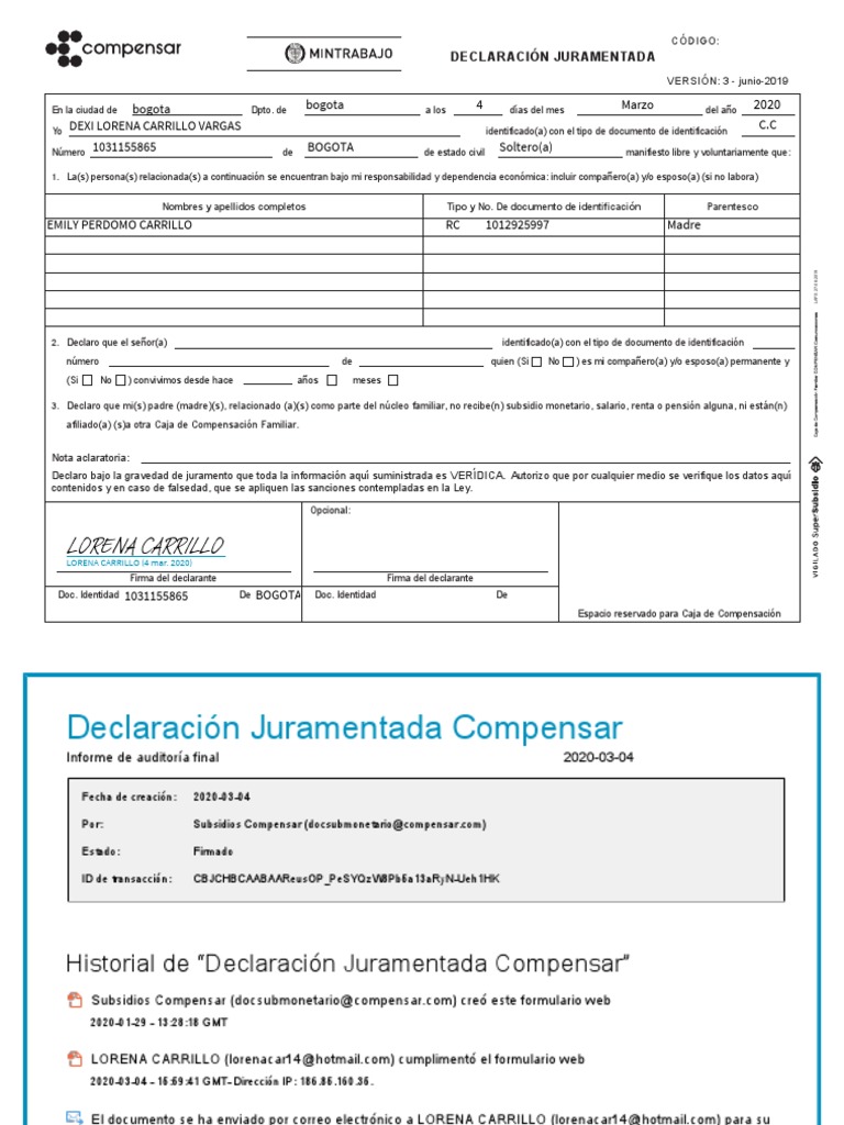 Declaración Juramentada Compensar - Firmado | PDF | Business | Science