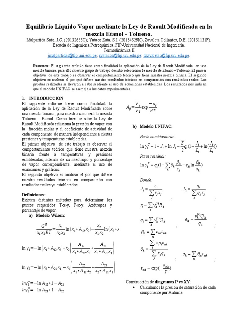 Equilibrio Liquido Vapor Mediante La Ley de Raoult Modificada en La ...