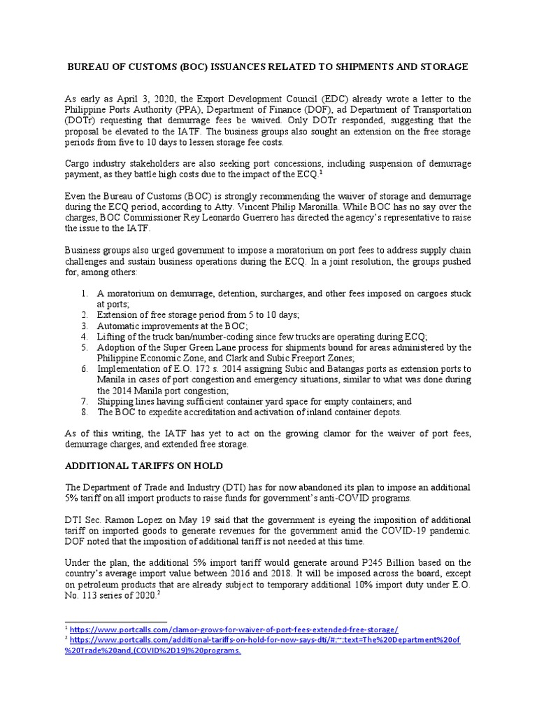 BOC Guidelines on Shipments and Storage | PDF | Customs | Government