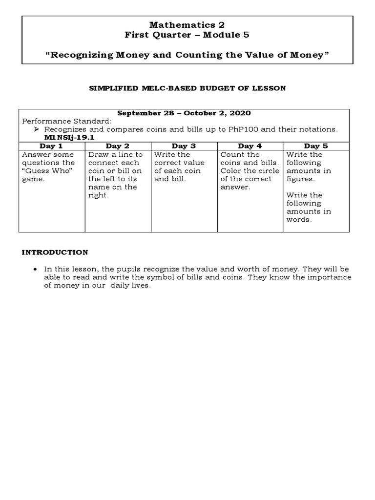 Mathematics 2 First Quarter - Module 5 "Recognizing Money and Counting ...