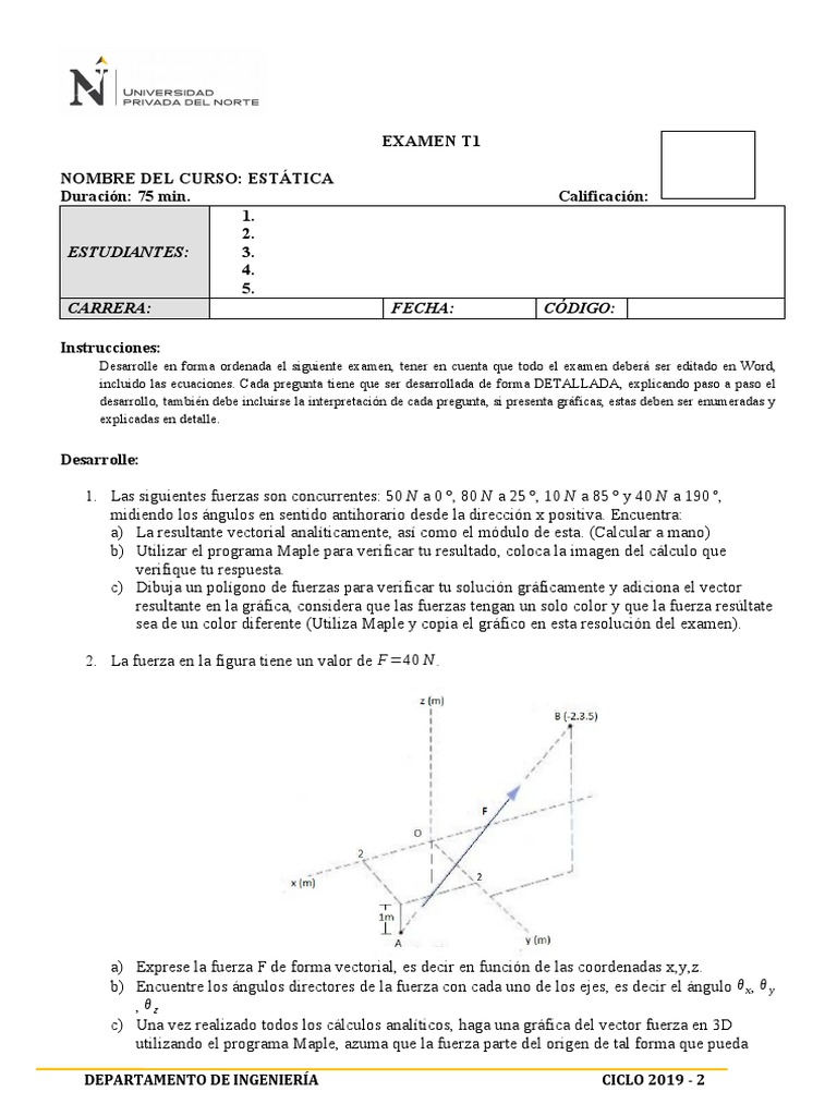 Examen T1 - Estática | PDF | Vector Euclidiano | Fuerza