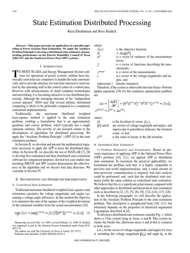 State Estimation Distributed Processing: Reza Ebrahimian and Ross Baldick | PDF | Mathematical ...