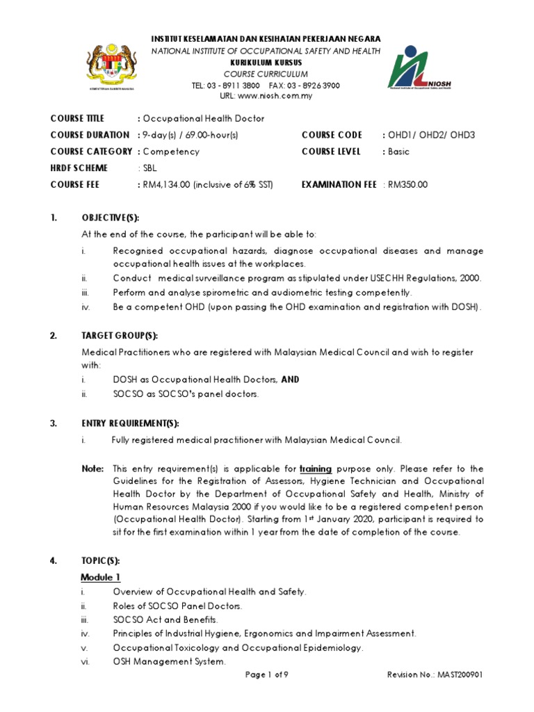 National Institute of Occupational Safety and Health Course Curriculum ...