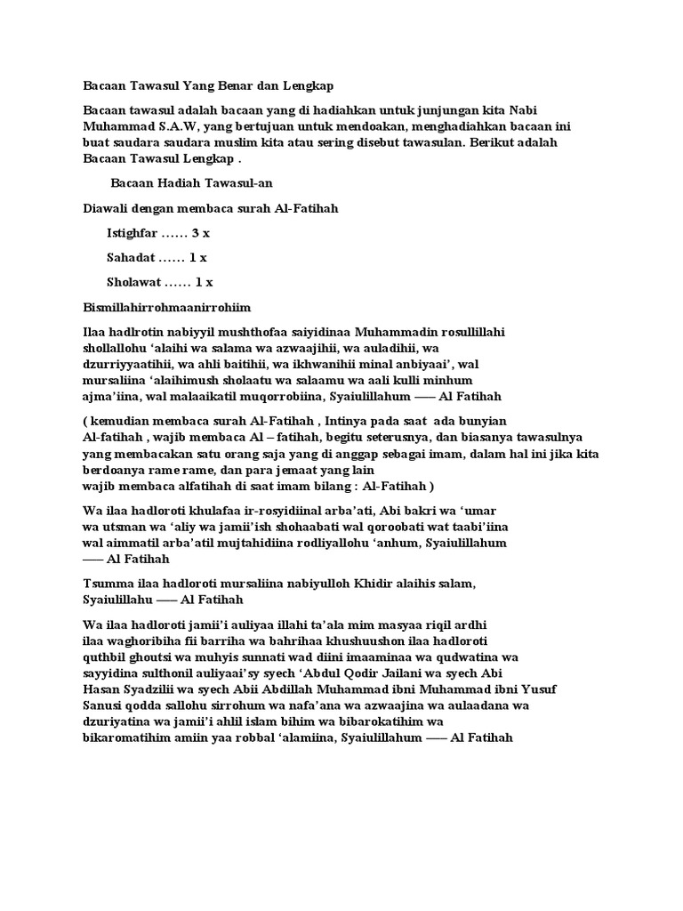 Bacaan Tawasul Yang Benar Dan Lengkap Dan Wirid Wabal | PDF