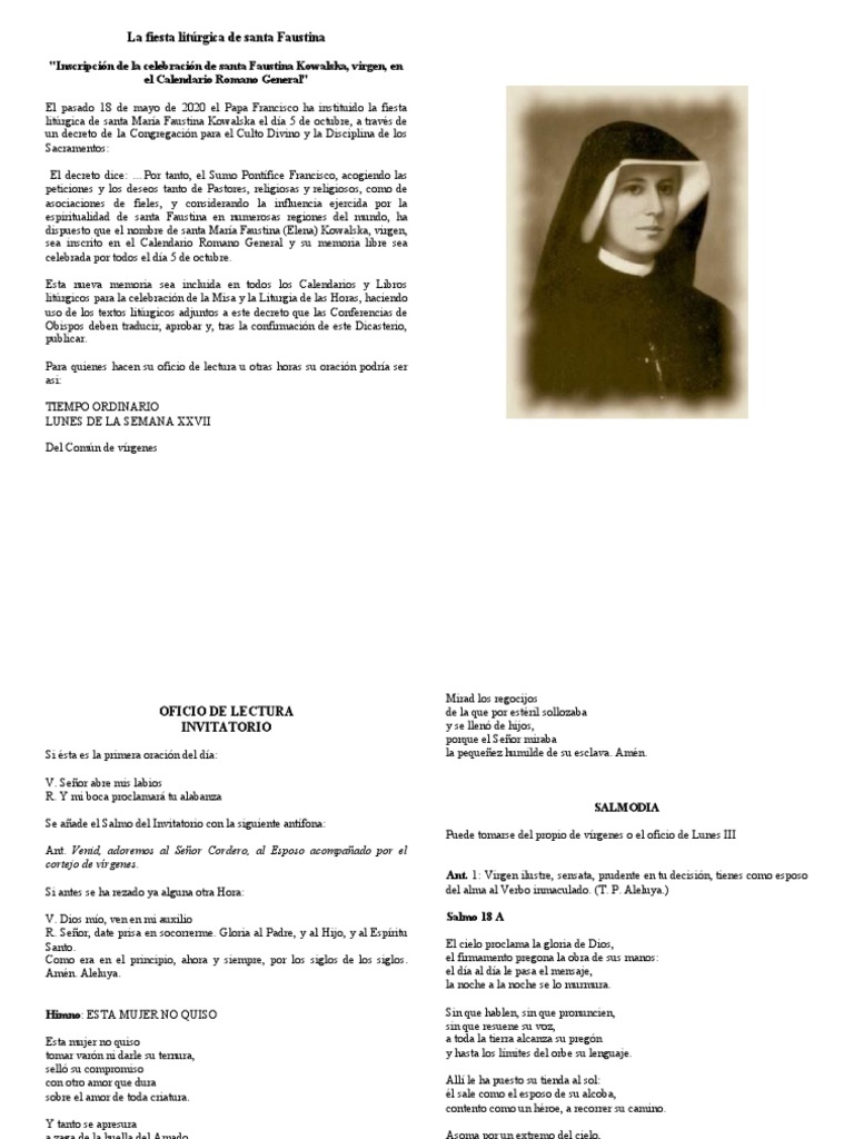 Santa Faustina Fiesta Litúrgica Liturgia de La Horas | PDF | Virginidad ...
